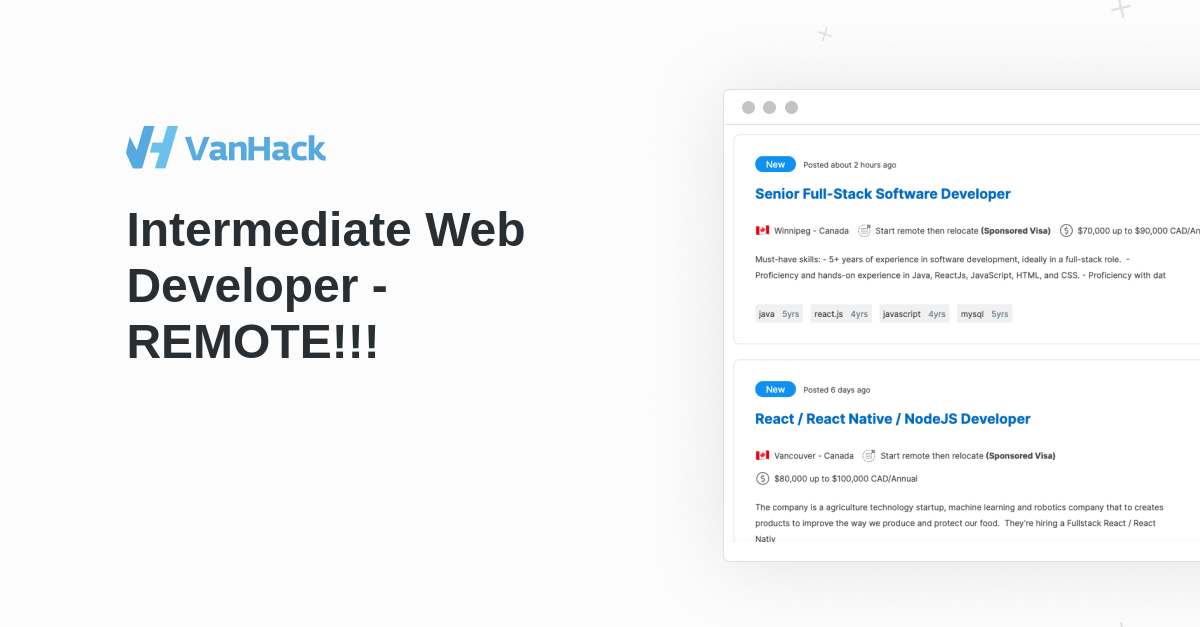 Intermediate Web Developer - REMOTE!!! - VanHack